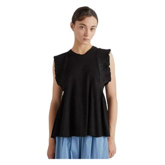 Meimeij Femme, Tops, Noir, Taille: 44 FR T-shirt ras du cou avec broderie &eacute;lastiqu&eacute;e sur la manche