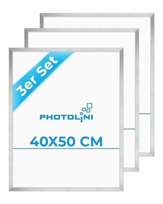 Photolini Cadre 40 x 50 bois MDF argent&eacute;, lot de 3 cadres photo pour posters et affiches, verre acrylique incassable, d&eacute;coration murale &agrave; suspendre, avec access