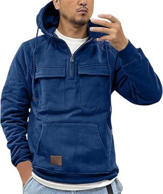 Generic Sweat &agrave; capuche dhiver et dautomne pour homme - Graphique d&eacute;contract&eacute; - Tenue confortable - Couleur unie - Cordon de serrage avec poches - Haut cargo 