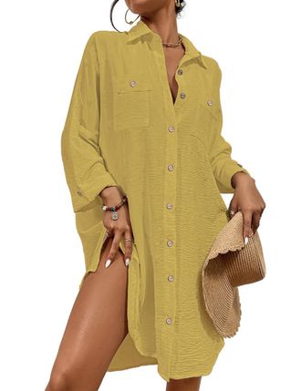 Bsubseach Sommer Strandkeid f&uuml;r Frauen Button Down Strand Shirt Kleid Badeanzug Cover Up V-Ausschnitt Strandponcho Bademode Resort Wear Gelb S