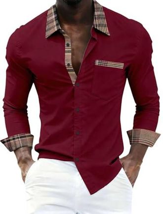 Generic Chemise &agrave; manches longues boutonn&eacute;e pour homme - Col &agrave; revers - Grande taille - Coupe ajust&eacute;e - Doux - Respirant - Costume de sport pour le travail qu