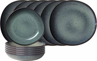 like. by Villeroy & Boch Lave Gris Tafel-Set 12-teilig, Tafelservice aus Speisetellern (28 cm) und Suppenschalen (21 cm) für 6 Personen, Steingut, Grau