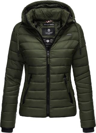 Navahoo Damen Steppjacke XS-XXL leichte Übergangsjacke mit abnehmbarer Kapuze, wasserabweisend, taillierter Schnitt B650 (XS,Olive)