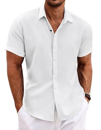 Coofandy Chemises en Lin Chemises d&eacute;t&eacute; boutonn&eacute;es pour Hommes Chemise en Lin de Mariage de Plage Chemise d&eacute;contract&eacute;e &agrave; Manches Courtes Blanc XL