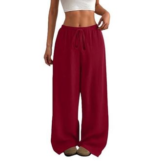 Generic Pantalon d&eacute;contract&eacute; pour femme - Couleur unie - &Eacute;corce - Taille haute - Coupe large - Grande taille, Rouge, XXL