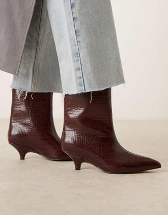 Glamorous Bottines pointues mi-hautes effet croco à petit talon - Bordeaux-Rouge