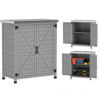 OUTSUNNY Armoire de jardin en Bois Ext&eacute;rieur - Outsunny - avec Plan de Travail en acier galvanis&eacute; - &eacute;tag&egrave;re - Double Porte - gris