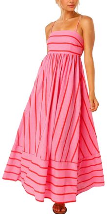 Feoya Damen Langes Gestreiftes Kleid Sommer Maxi Kleid Spaghetti Riemen Rücken Gesmoktes Kleider Boho Flowy Swing Kleider Rosa XL