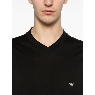 Emporio Armani Logo-Embroidered V-Neck T-Shirt - Black