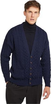 Aran Woollen Mills Cardigan en tricot irlandais pour homme 100 % laine m&eacute;rinos col en V, bleu marine, M
