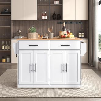 Merax K&uuml;cheninselwagen mit abklappbarer Arbeitsplatte, K&uuml;chenschrank auf Rollen mit 2 Schubladen & 4 T&uuml;ren, Esszimmer bewegliche K&uuml;cheninsel, f&uuml;r K&uuml;che und 