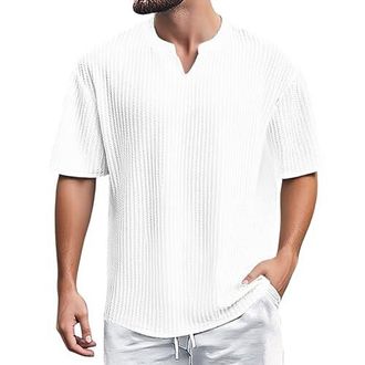 Generic T-shirt pour homme avec col en V, manches courtes, uni, ray&eacute;, ample et d&eacute;contract&eacute;, Blanc., 3XL