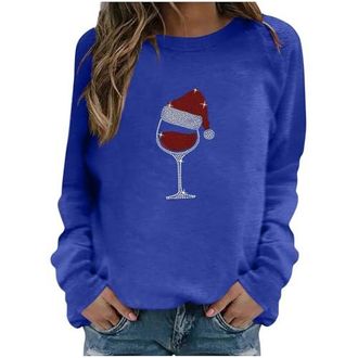 Generic Pull Noel,Pull Capuche Homme,Shirts de pour Filles, Shirt Graphique surdimensionn&eacute;, Tops &agrave; Verres &agrave; vin Rouge, Tops avec comme Loups (Blue, XL)