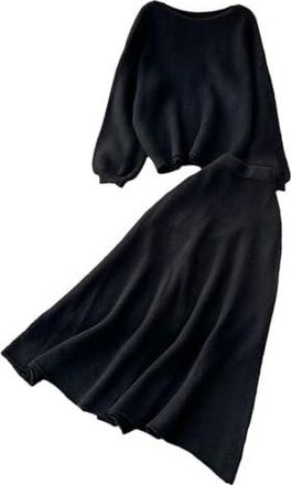 Generic Ensemble de deux pièces pour femme - Pull ample et jupe à taille élastique - Pour lautomne et lhiver, Noir, Taille unique