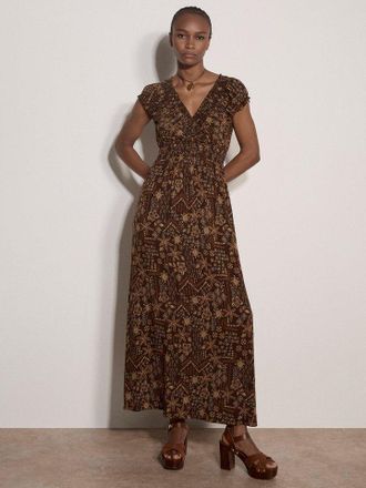 Apricot Maxikleid Batik-Maxikleid mit Blumenmuster und Smokarbeit Smokarbeit