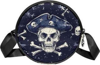 Generic Sac à bandoulière rond pour femme, motif crânes de pirates noirs, petit sac à bandoulière avec fermeture éclair, bretelles réglables, sac à main rond 