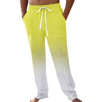 Generic Pantalon baggy en coton et lin pour homme - D&eacute;contract&eacute; et tendance - Couleur unie - D&eacute;grad&eacute; - Pantalon de plage en lin respirant, jaune, XXL