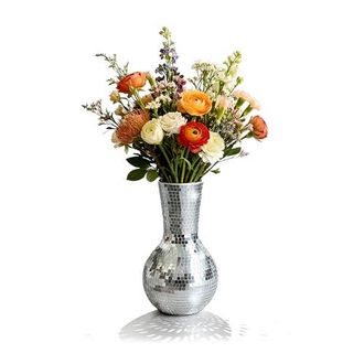 Relaxdays Disco Vase, mit Spiegelglas, HxD: 28x14 cm, Mosaikvase, runde Blumenvase, Tischdeko, Glitzervase, Silber