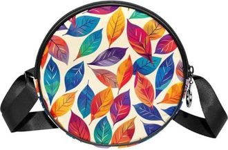 Generic Sac &agrave; bandouli&egrave;re rond pour femme, motif feuilles color&eacute;es, petit sac &agrave; bandouli&egrave;re avec fermeture &eacute;clair, bretelles r&eacute;glables, sac &agrave; main rond d&eacute;cont