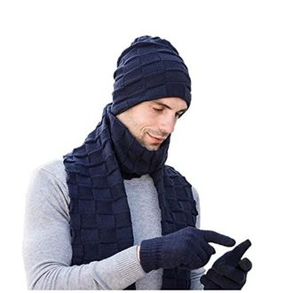 Generic Bonnet en flanelle avec gants, &eacute;charpe, bonnet tricot&eacute; coupe-vent, trois - chapeau chaud pour homme, bleu marine, taille unique