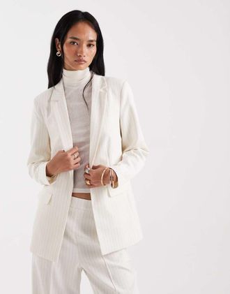 Pieces Blazer densemble oversize habillé à fines rayures - Bouleau et crème-Blanc