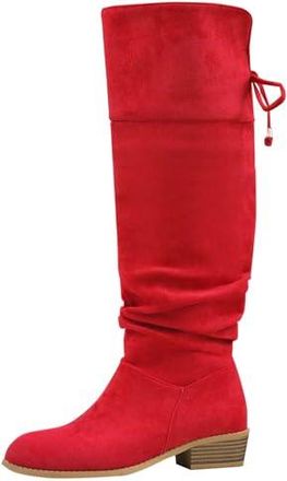 Generic Bottes hautes pour femme - Larges mollets - Couleur unie - &Eacute;l&eacute;gant talon &eacute;pais - Pliss&eacute; - D&eacute;contract&eacute; - Confortable - &Agrave; enfiler - Rouge, Rouge, 38.5 E
