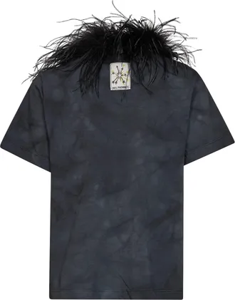 Des_Phemmes Ostrich Feather Trim Tie-Dye Cotton T-Shirt - Black