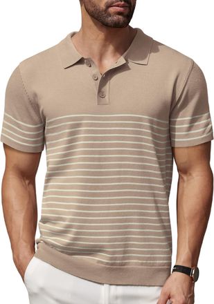 Coofandy Poloshirts f&uuml;r Herren Kurzarm Streifen Polohemd mit Knopfleiste Leicht Sommer Strick Business Polo Shirt XL