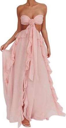 Generic Robe Maxi Boho pour Femmes y2k Dos Nu découpé à Volants Robes Longues fluides sans Bretelles Robe dété de fête sur la Plage (Rose,S)