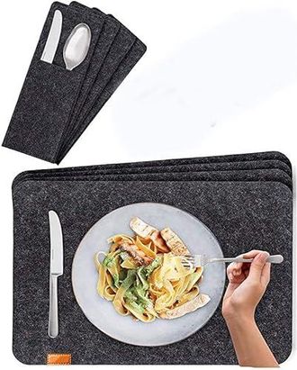 Herzberg HG04203, Tischsets und Untersetzer-Set aus Naturfilz, 18-teilig, rutschfest, leicht zu reinigen, praktischer Schutz f&uuml;r Esstisch, Farbe Schwarz, masch
