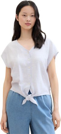 Tom Tailor Damen Bluse mit Knotendetail und Leinen-Anteil, light blue white small stripe, XXL