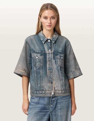 AllSaints Juni - Chemise en tissu &eacute;ponge &agrave; manches courtes - Bleu teint&eacute; trompe-loeil