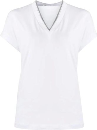 Brunello Cucinelli Femme, Tops, Blanc, Taille: 38 FR T-shirt &agrave; Col en V avec Garniture Orn&eacute;e