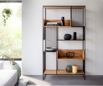 DELIFE Bücherregal Lukeo 115x200 cm Akazie Natur Metall Schwarz, Standregale