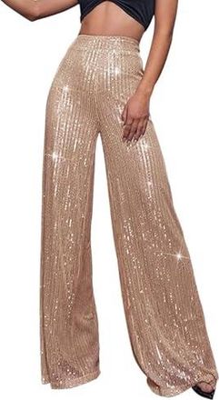 Generic Pantalon palazzo &agrave; paillettes taille haute pour femme, pantalon long pour f&ecirc;te, club, leggings larges, kaki, 3XL