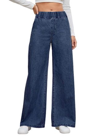 SOLY HUX Damen Jeans Hohe Lang Taille Jeanshose Elastischer Taille Denim Hosen Jeanshosen Breite Bein Casualhose Freizeithose Herbst Dunkelblau M