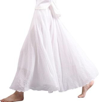 ORANDESIGNE Damen Maxirock Baumwolle Leinen Rock Elastische Taille Rock Plissee Retro Double Layer Langrock Faltenrock Sommerrock Strand Festlich Freizeit Röcke W