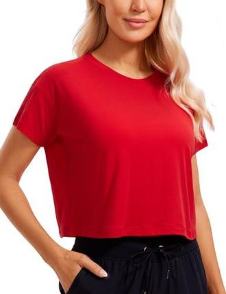 CRZ YOGA Femme Coton Pima Lâche Crop Tops Athletic Gym Casual T-Shirt Court Workout Chemises À Manches Courtes Festival Rouge 46