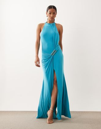 Asos Hochgeschlossenes, anschmiegsames Maxikleid in T&uuml;rkis mit drapierter Metallverzierung-Blau