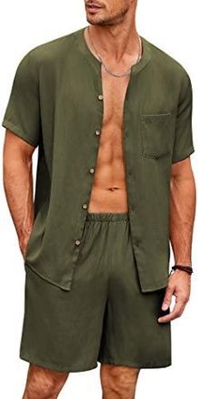 Ekouaer Ensembles de Pyjama Homme Et&eacute; Coton Conjuntos de Pijama Loisir Respirant Pantalones de Pijama Doux avec Patte de Boutonnage, Arm&eacute;e, M