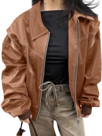 ORANDESIGNE Veste de Motard Surdimensionnée en Similicuir pour Femme Leather Blazer Manteau Fermeture éclair Oversize Jacket Veste Bomber en Cuir F Brun Clair M