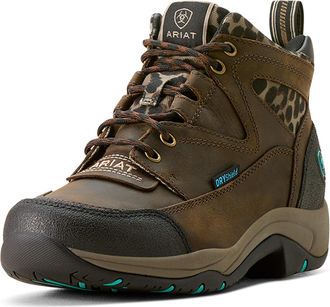 Ariat Womens Terrain Waterproof Boots in Chocolate Camo Leopard Leather, B Medium Width, Size 39, by Ariat