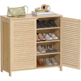 HOMCOM Meuble &agrave; chaussures - HOMCOM - 14 paires - portes persiennes et &eacute;tag&egrave;res r&eacute;glables - bambou - 80x35x80cm - bois naturel