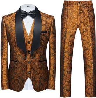 Generic Costume 3 pi&egrave;ces pour homme - Motif cachemire - Jacquard - Smoking - Pour mariage, mari&eacute;, blazer, pantalon et gilet, Orange, 6XL