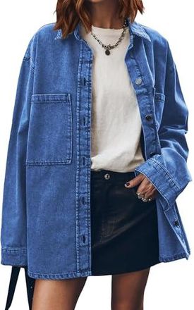 Generic Veste en jean d&eacute;contract&eacute;e pour femme - Coupe ample - Manches longues, bleu, XXL