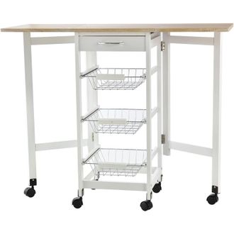 HOMCOM Chariot de service desserte de cuisine &agrave; roulettes multi-rangements 3 paniers m&eacute;tal + tiroir + rallonges mdf blanc ch&ecirc;ne clair