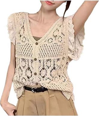 Generic Gilet creux pour femme avec col en V - Haut dété ample tendance ouvert sur le devant - Haut court bohème hippie au crochet - Gilet sans manches à simp