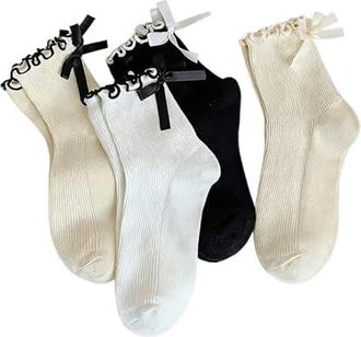 Generico Chaussettes mi-mollet nou&eacute;es avec noeud, chaussettes en coton noir et blanc pour femme (4 paires), Emballage m&eacute;lang&eacute;, Taille Unique