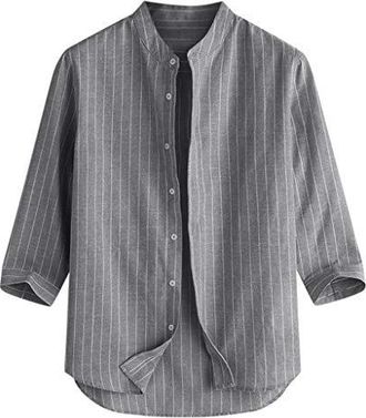 Generic Chemise en coton et lin pour homme - Chemisier d&eacute;t&eacute; ray&eacute; en coton d&eacute;contract&eacute; - Col haut &agrave; 7 points - Chemise &agrave; manches boutonn&eacute;es - Tunique pour homm