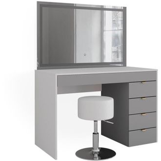 Vicco Coiffeuse Elise, Blanc/gris/gris, 115 cm avec miroir led et tabouret